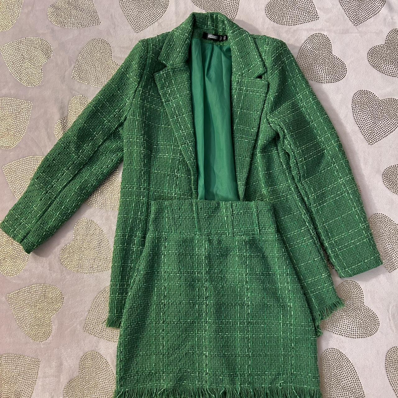 misguided two piece suit set tweed green tweed... | Depop