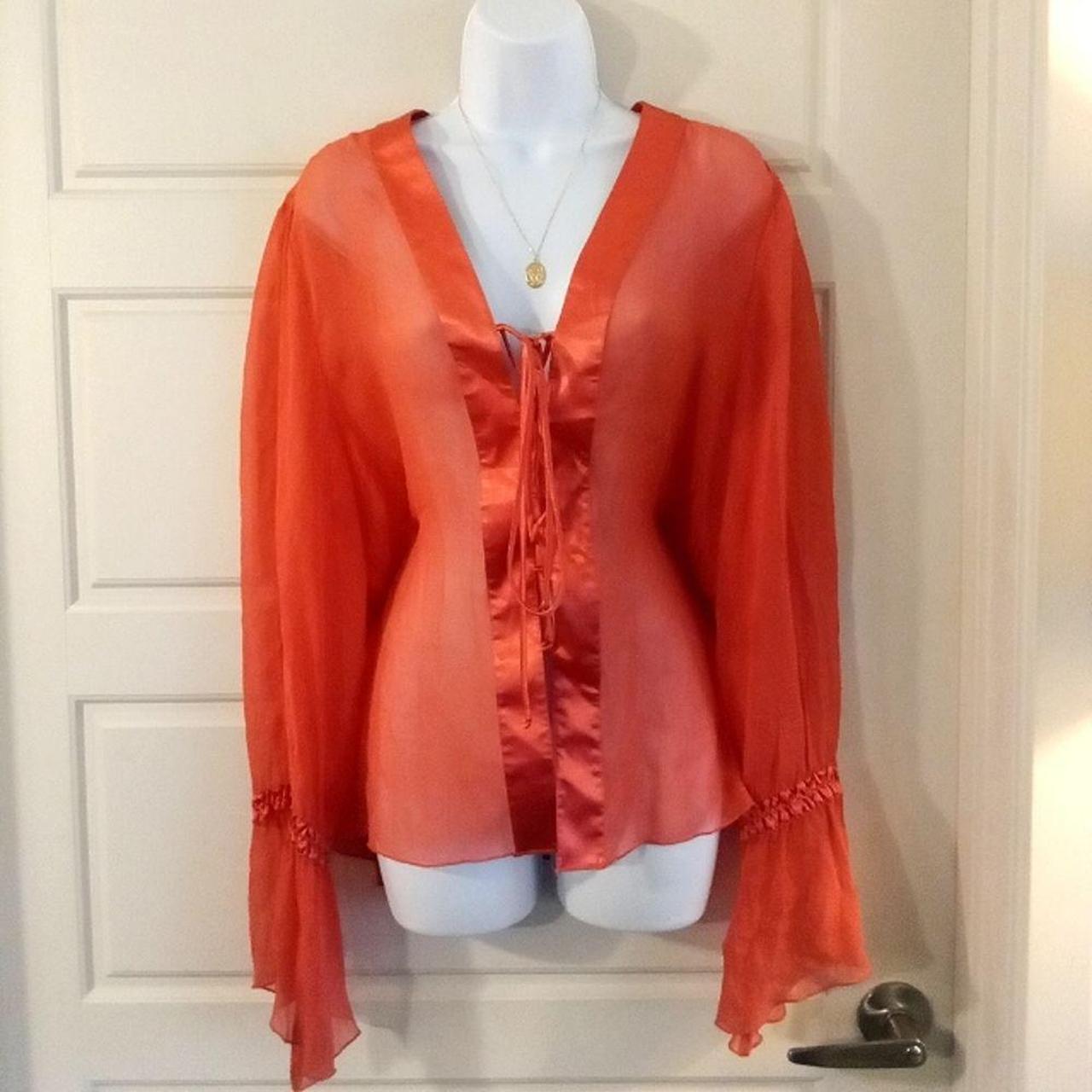 Carina Vintage Coral Silk Blouse with Flared... - Depop