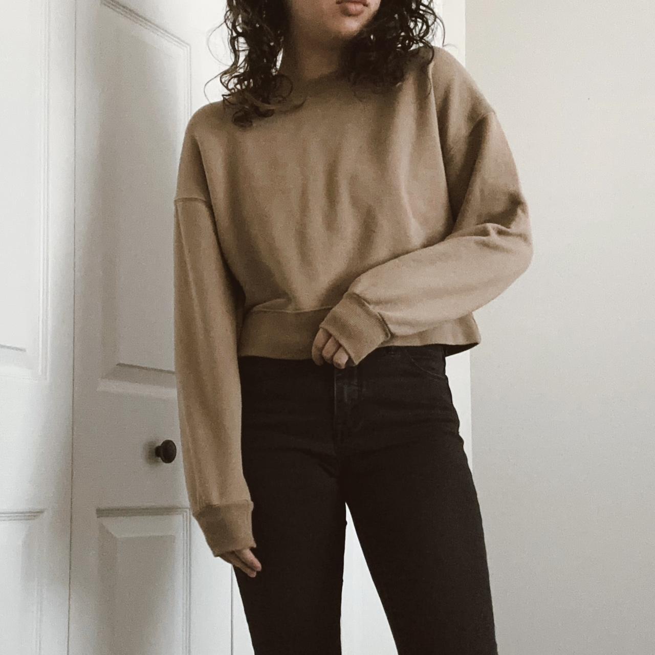 super comfy tan cropped pullover crew neck... - Depop