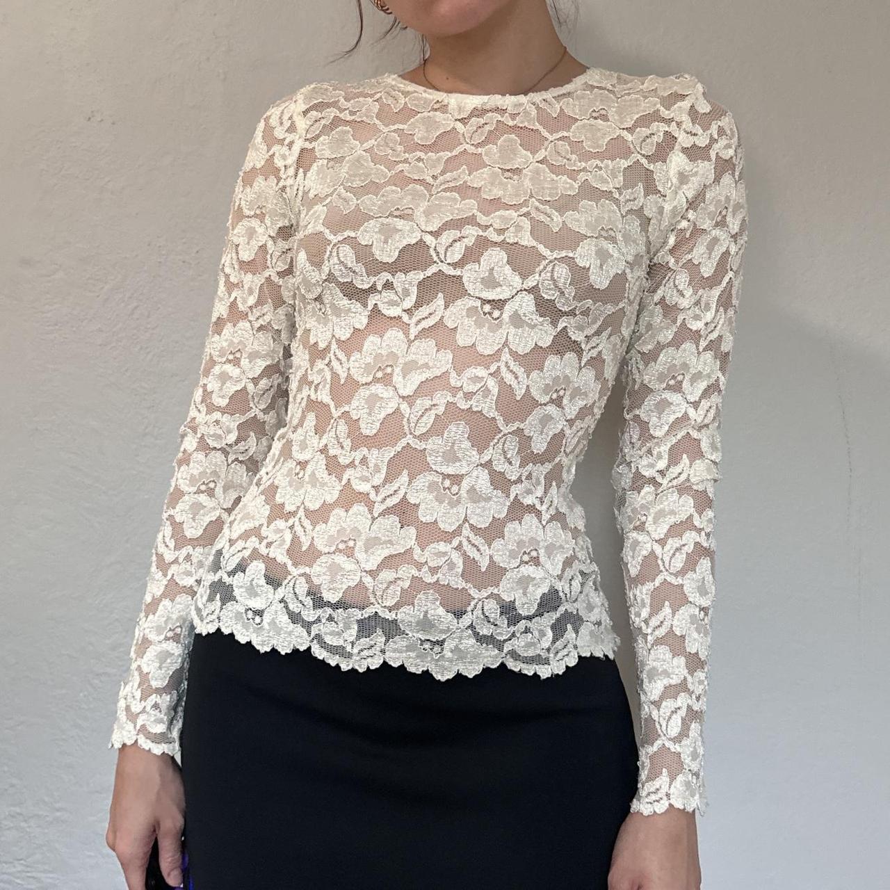 Cream sheer lace long sleeve top Vintage lace... | Depop