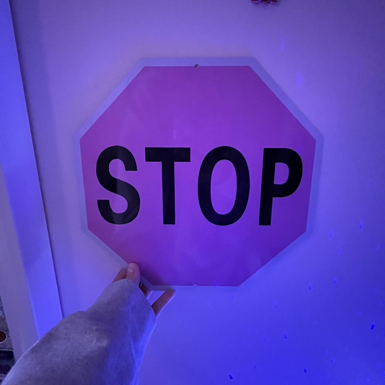 pink stop sign for wall decor perfect for small... - Depop