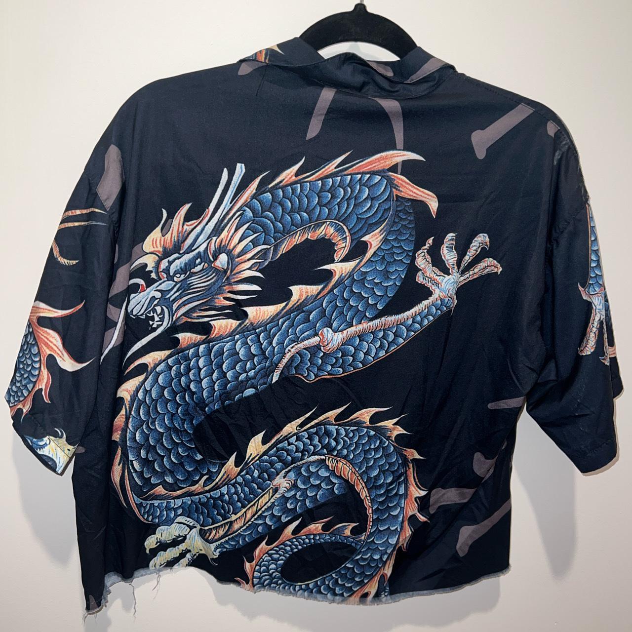 dark blue cropped dragon print button up🖤🖤so cute... - Depop