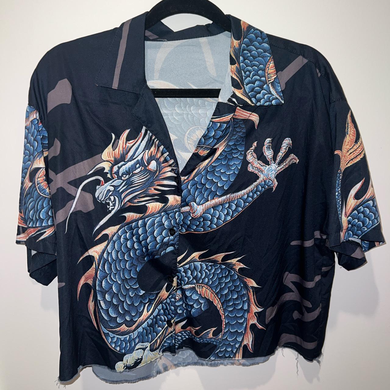 dark blue cropped dragon print button up🖤🖤so cute... - Depop