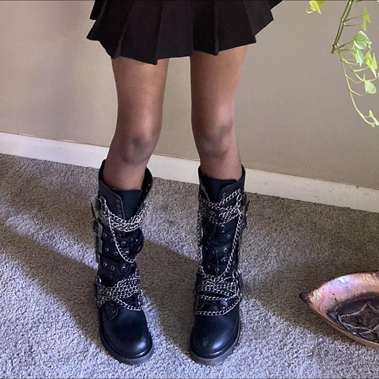 demonia knee high chained boots combat// i wear a... - Depop