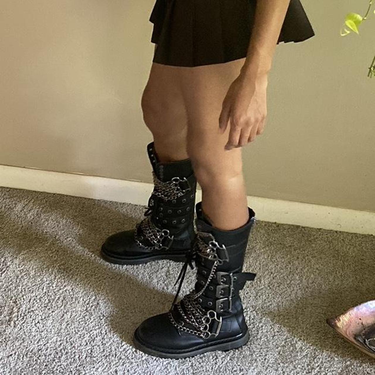 demonia knee high chained boots combat// i wear a... - Depop