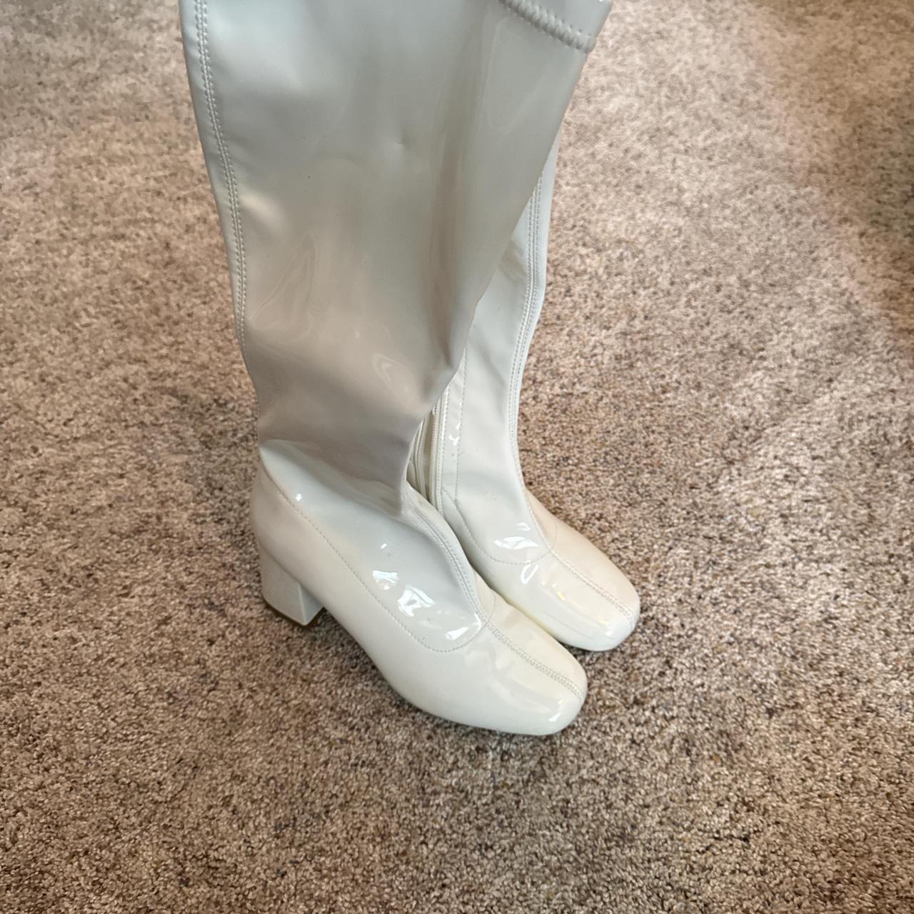 White knee high go-go boots with a 4.5" heel, only... - Depop