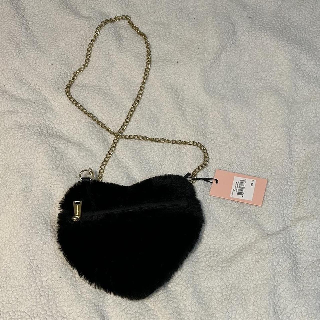 black fuzzy heart shaped purse with gold “juicy”... - Depop
