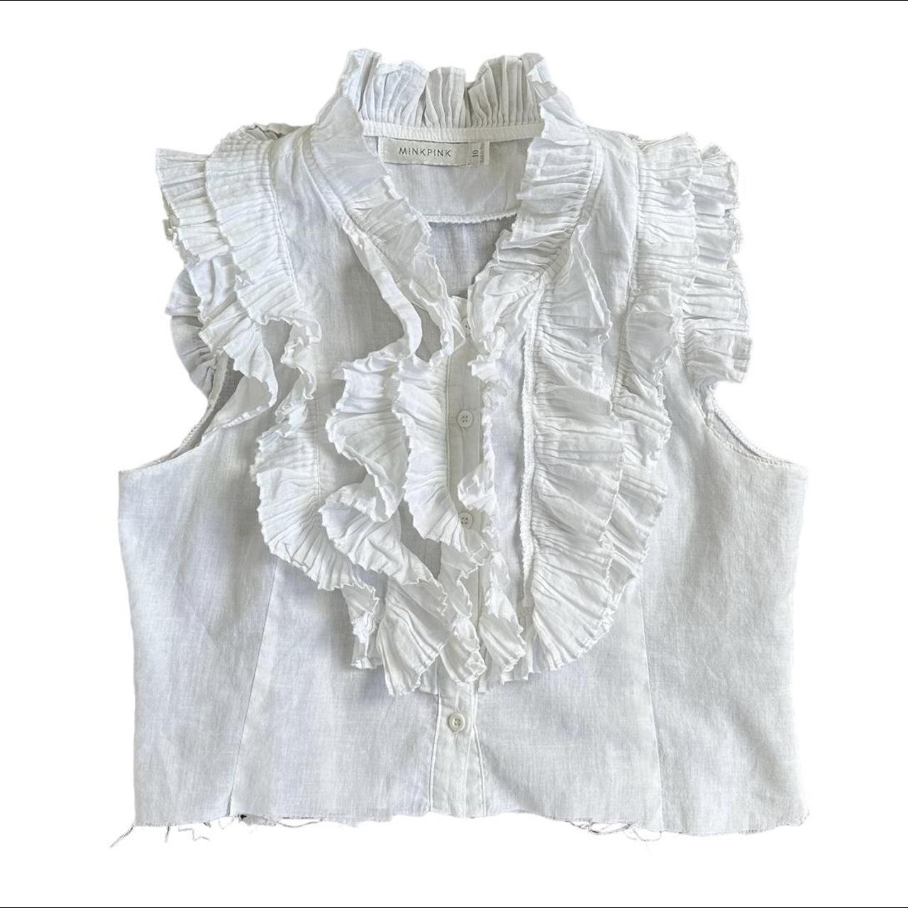 Mink pink ruffle shirt. Self cropped, Blunt cut,... - Depop