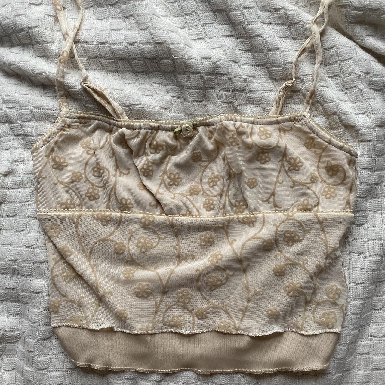 beige mesh top with floral detail - deska top from... - Depop