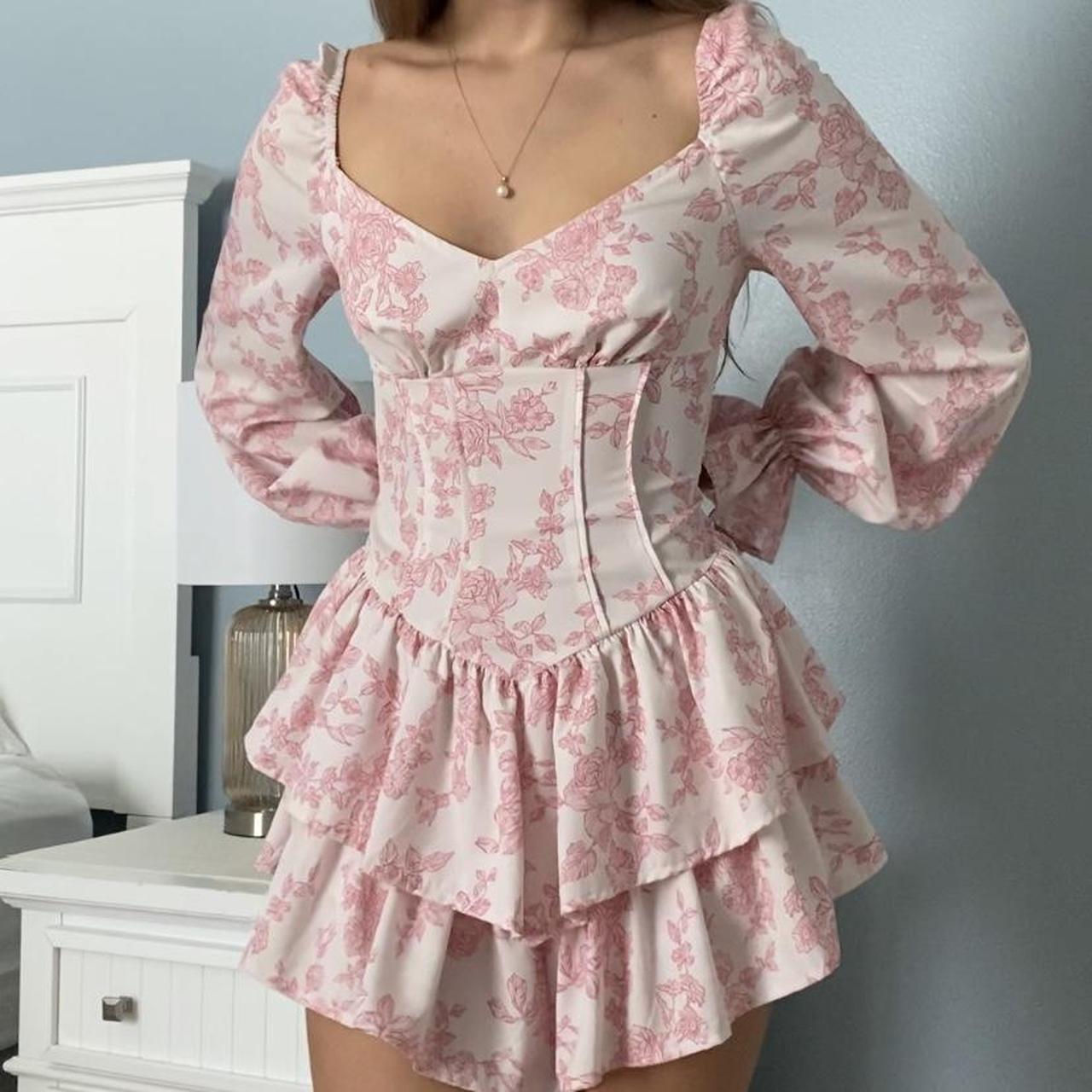 Small/Medium Pink and White Toile Dress **loose... - Depop