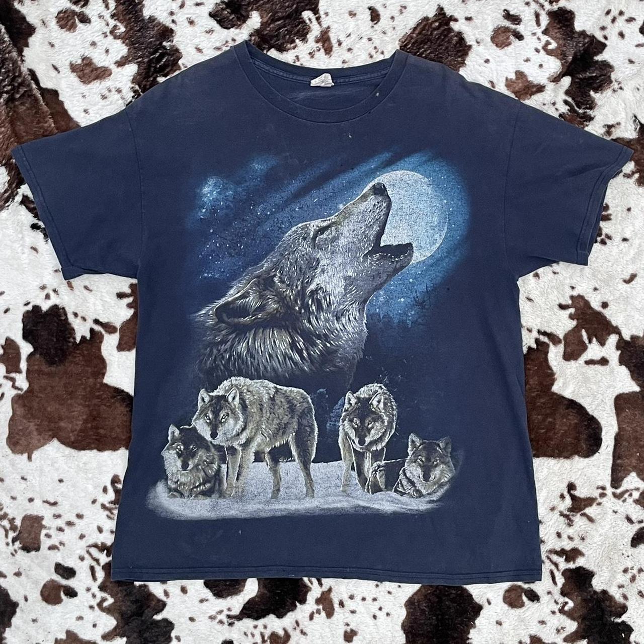 y2k wolf aop shirt measurements: 22x29 #wolf... - Depop