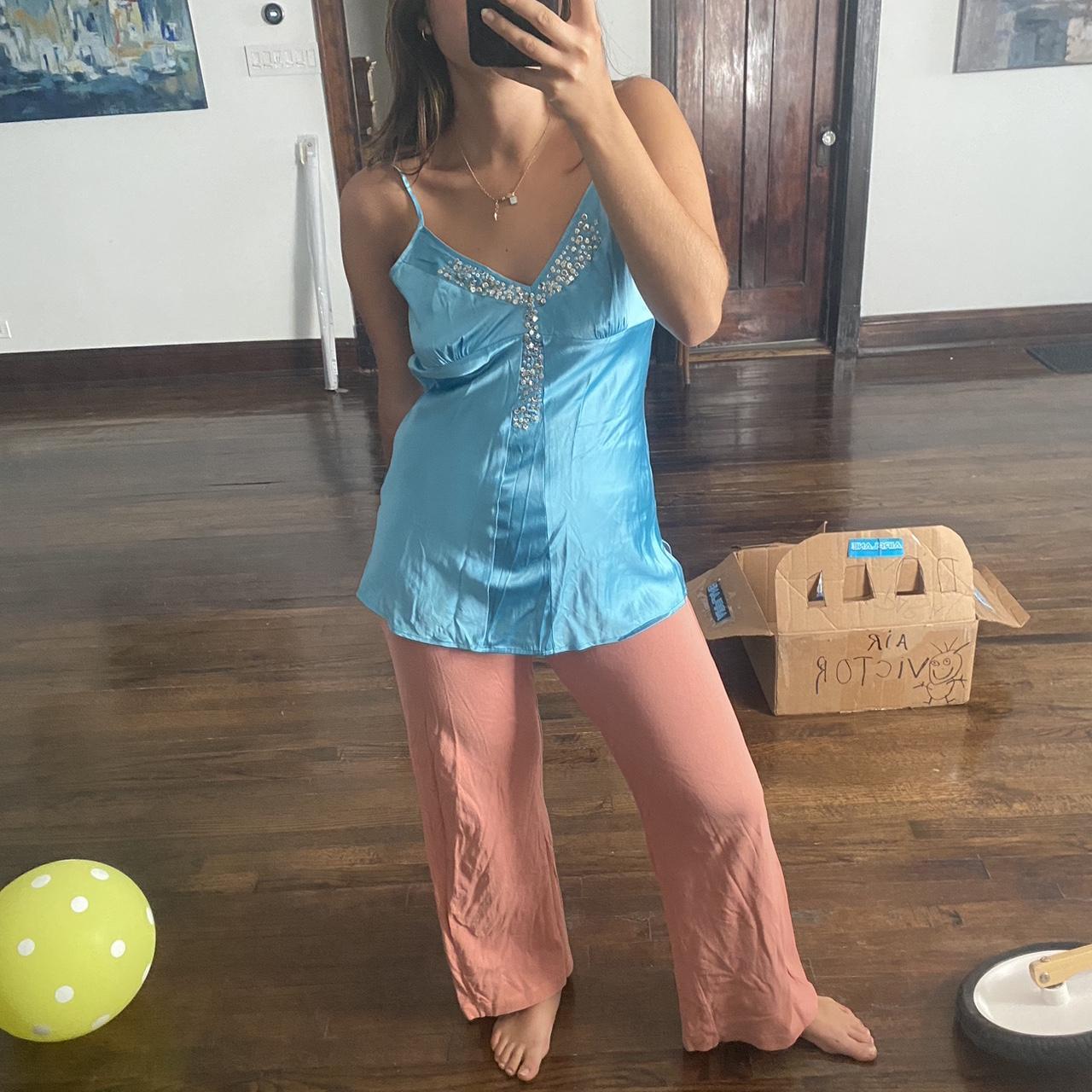 Blue satin cami with rhinestone embellishment and... | Depop