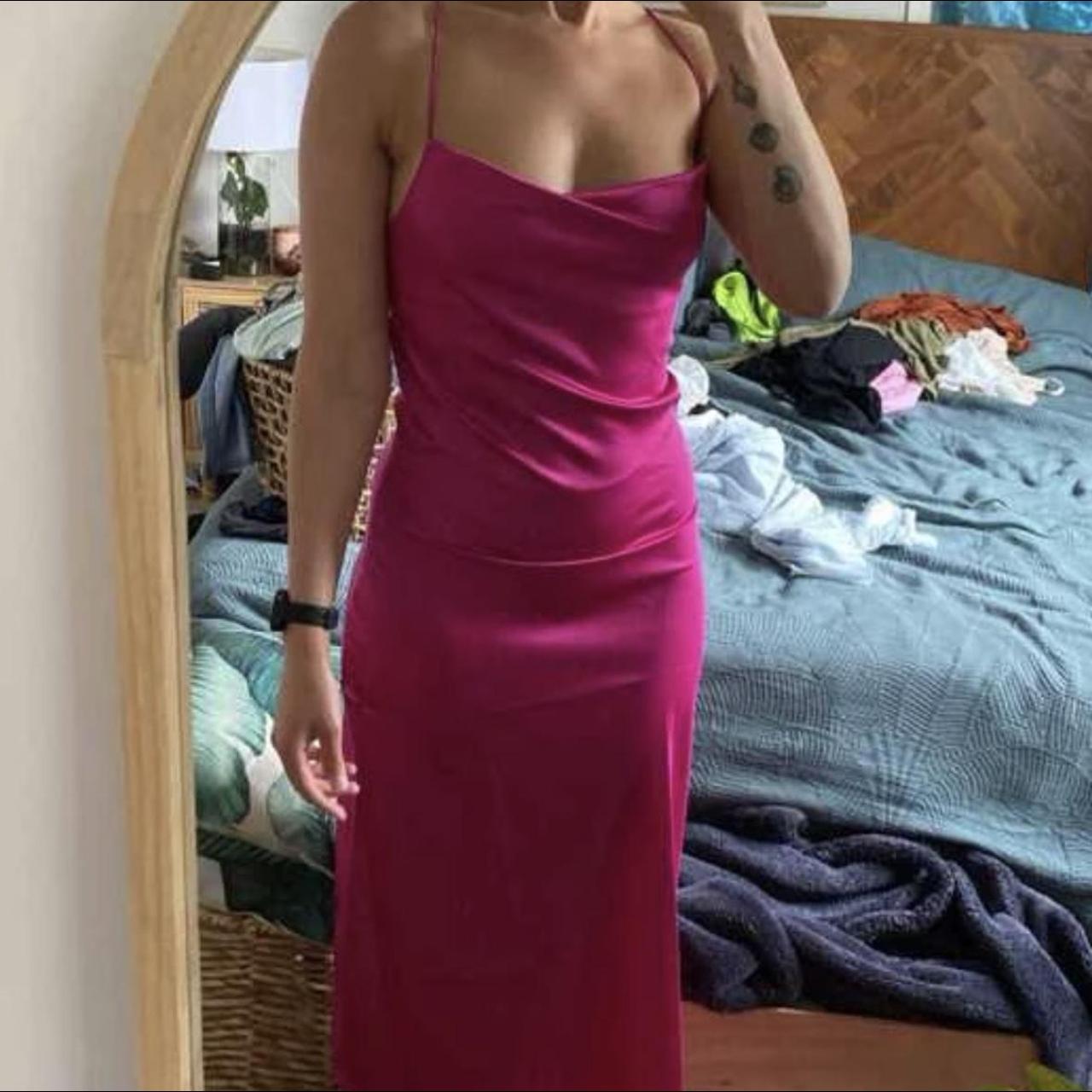 cowl neck hot pink satin maxi slip dress SIZE... - Depop