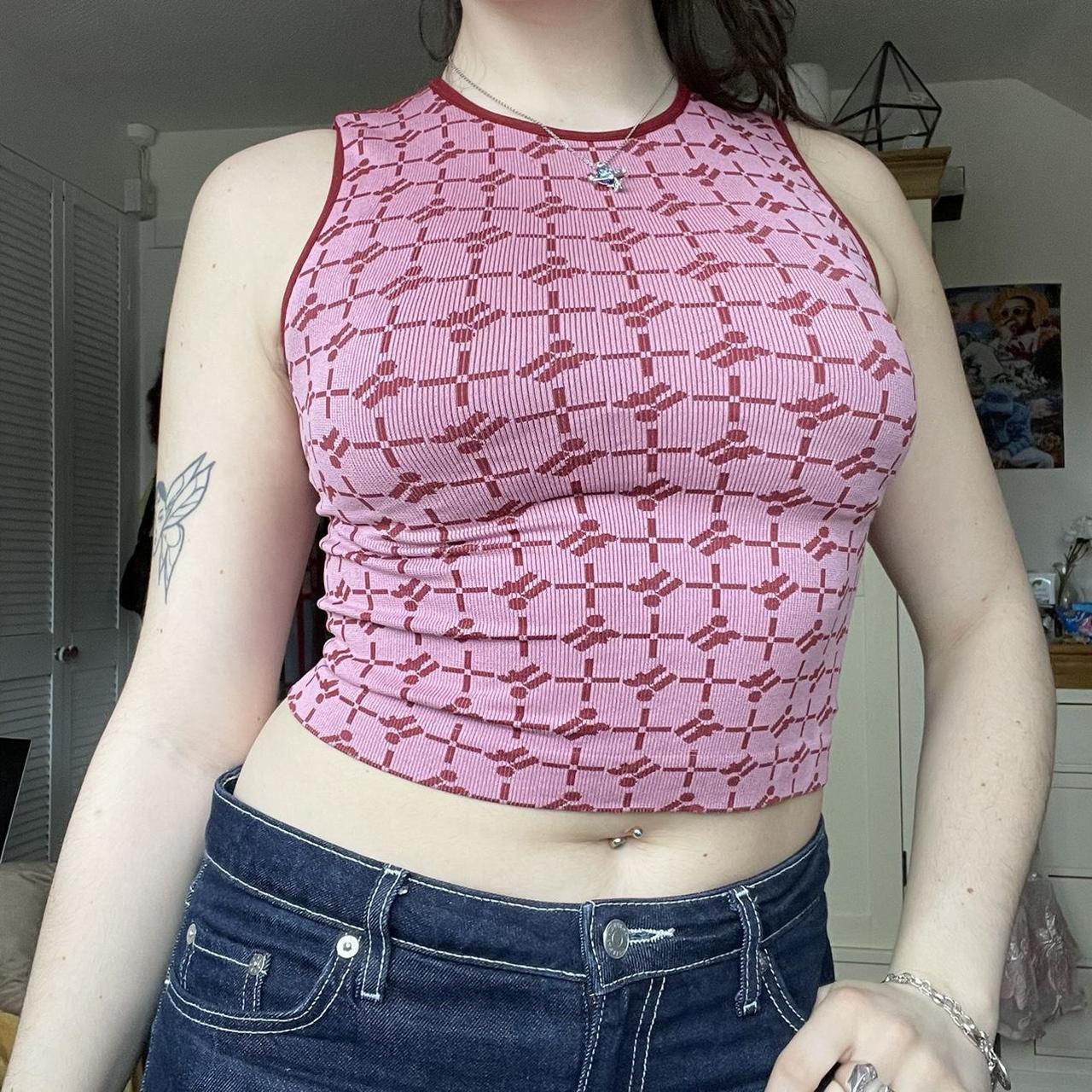 iets frans logo urban outfitters pink and red vest... - Depop