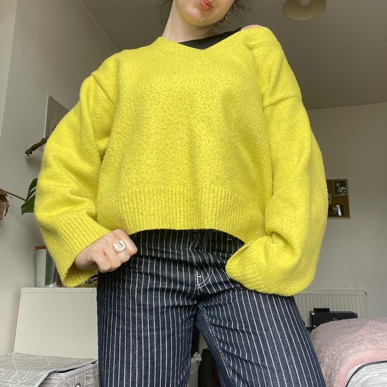 lush weekday bright yellow v neck jumper. size... - Depop