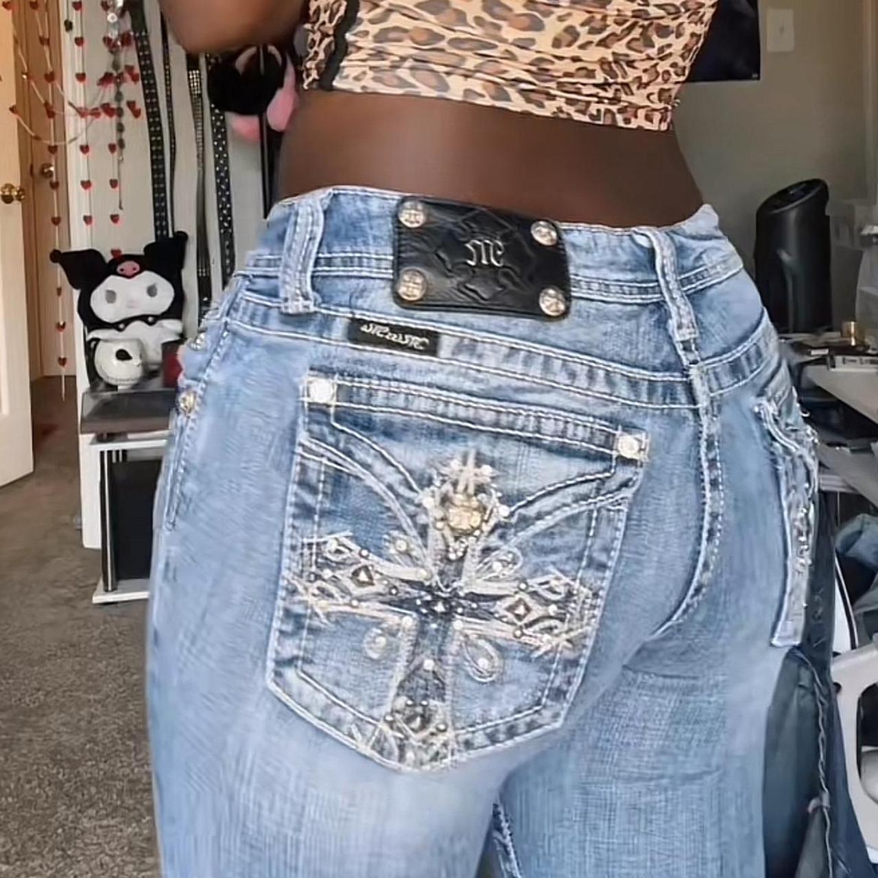 y2k grunge cross rhinestone ripped bootcut Miss Me... - Depop
