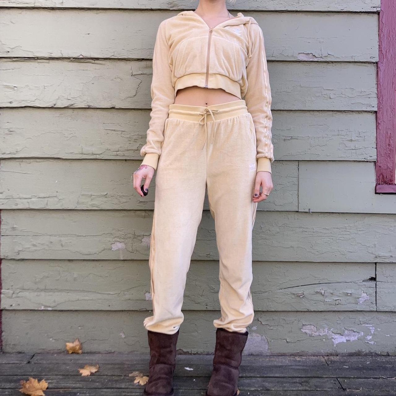 Pale yellow velvet adidas tracksuit set Mint... - Depop