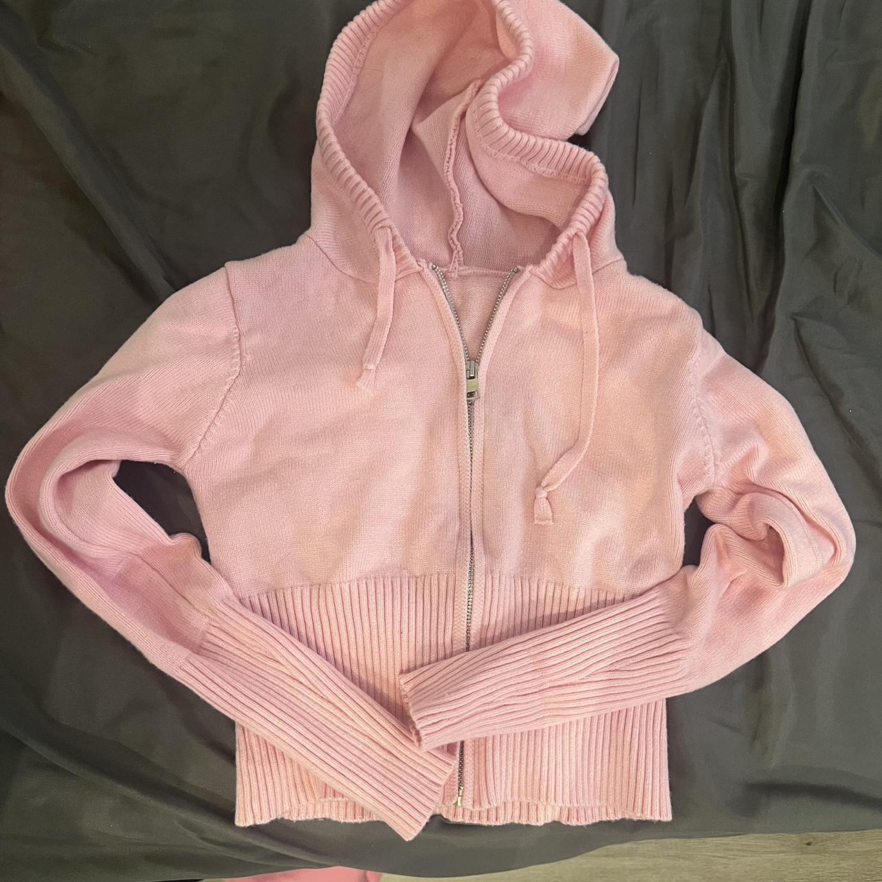 Small Amazon Pink Zip-Up Cropped Knit Jacket - Depop