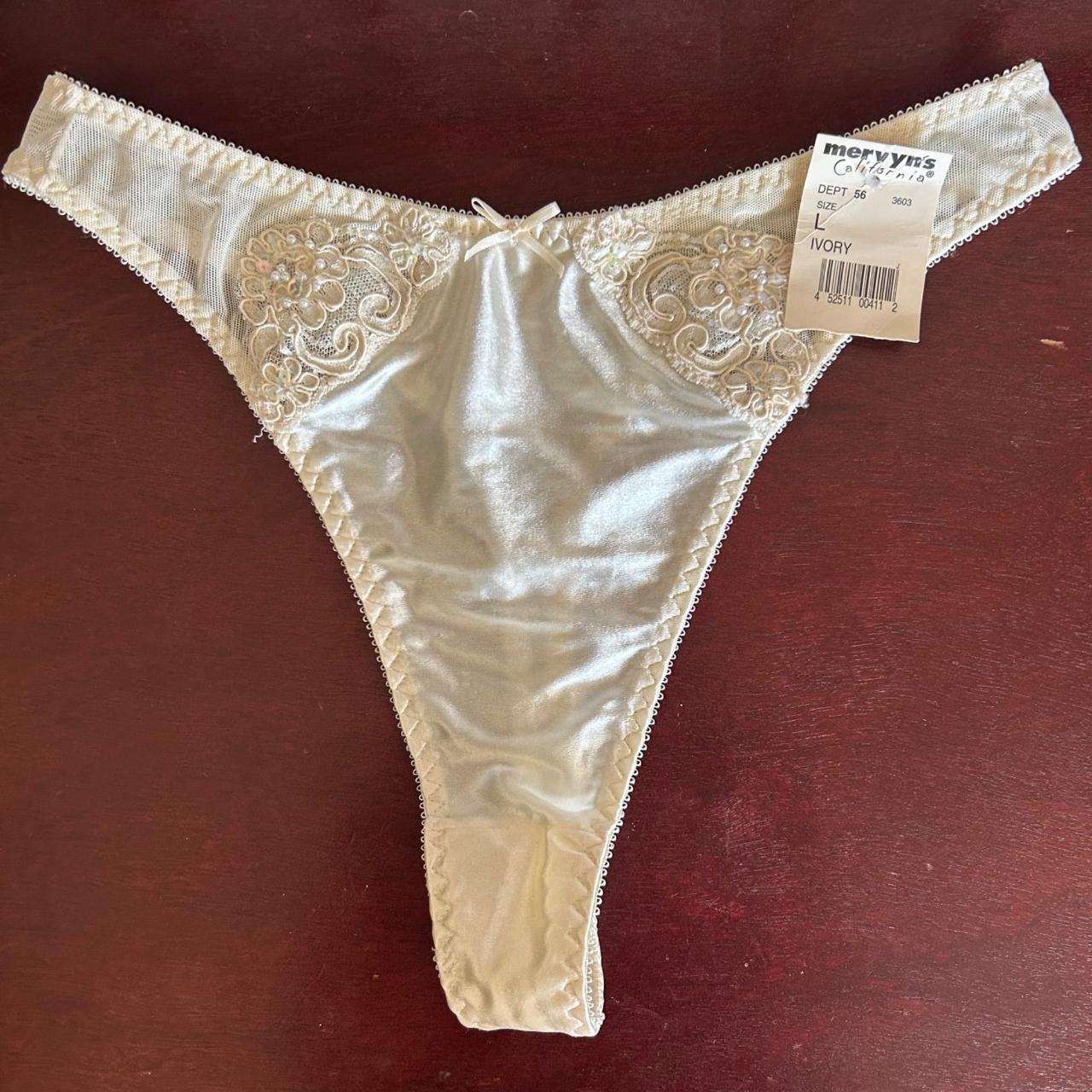NWT Vintage Ivory Satin Hi-Cut Thong Panty Beaded... | Depop