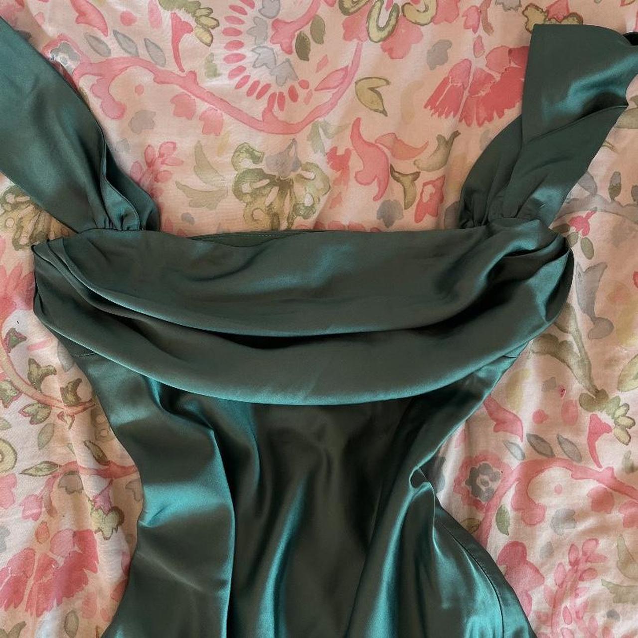 [ green silk mini slip dress ] off the shoulder... - Depop