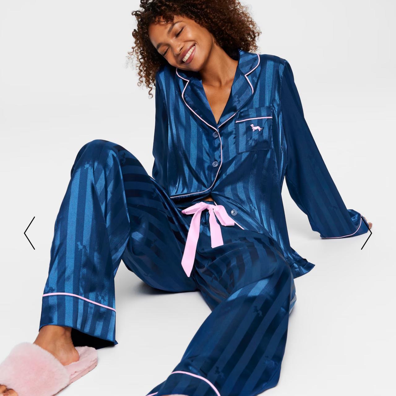 peter alexander navy satin long pj set 💙 worn once,... - Depop