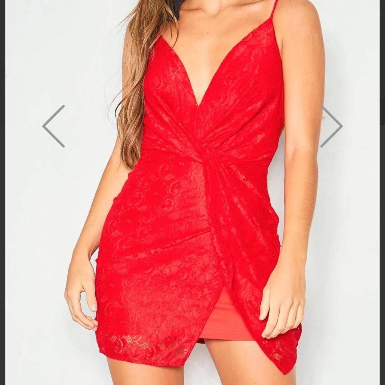Red mini dress Red wrap front lace mini dress brand... | Depop