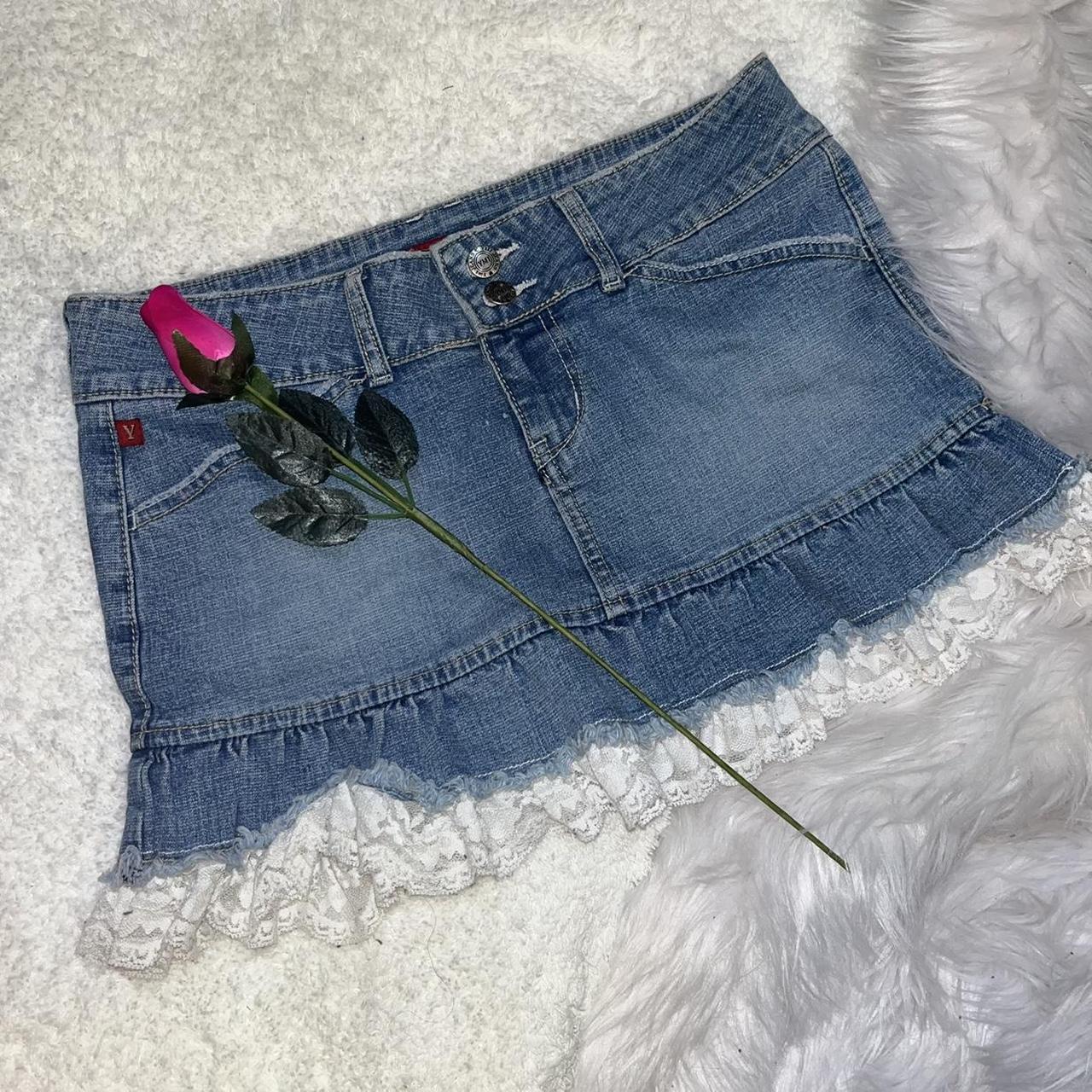 Denim Lace Ruffle Mini Skirt -Size 9 by YMI... - Depop
