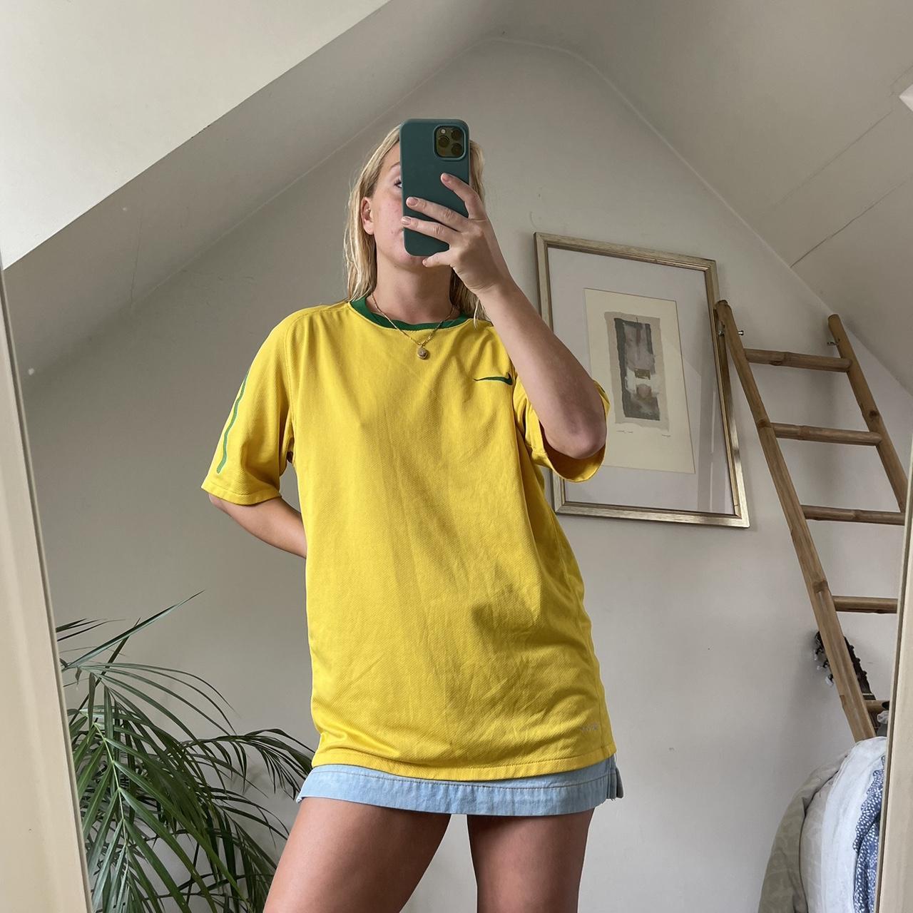 Vintage Brazil yellow and green football top shown... - Depop