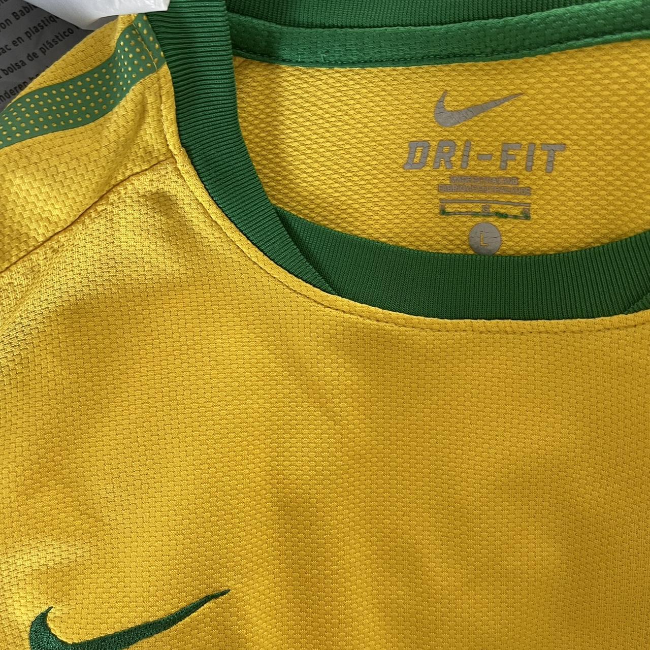 Vintage Brazil yellow and green football top shown... - Depop