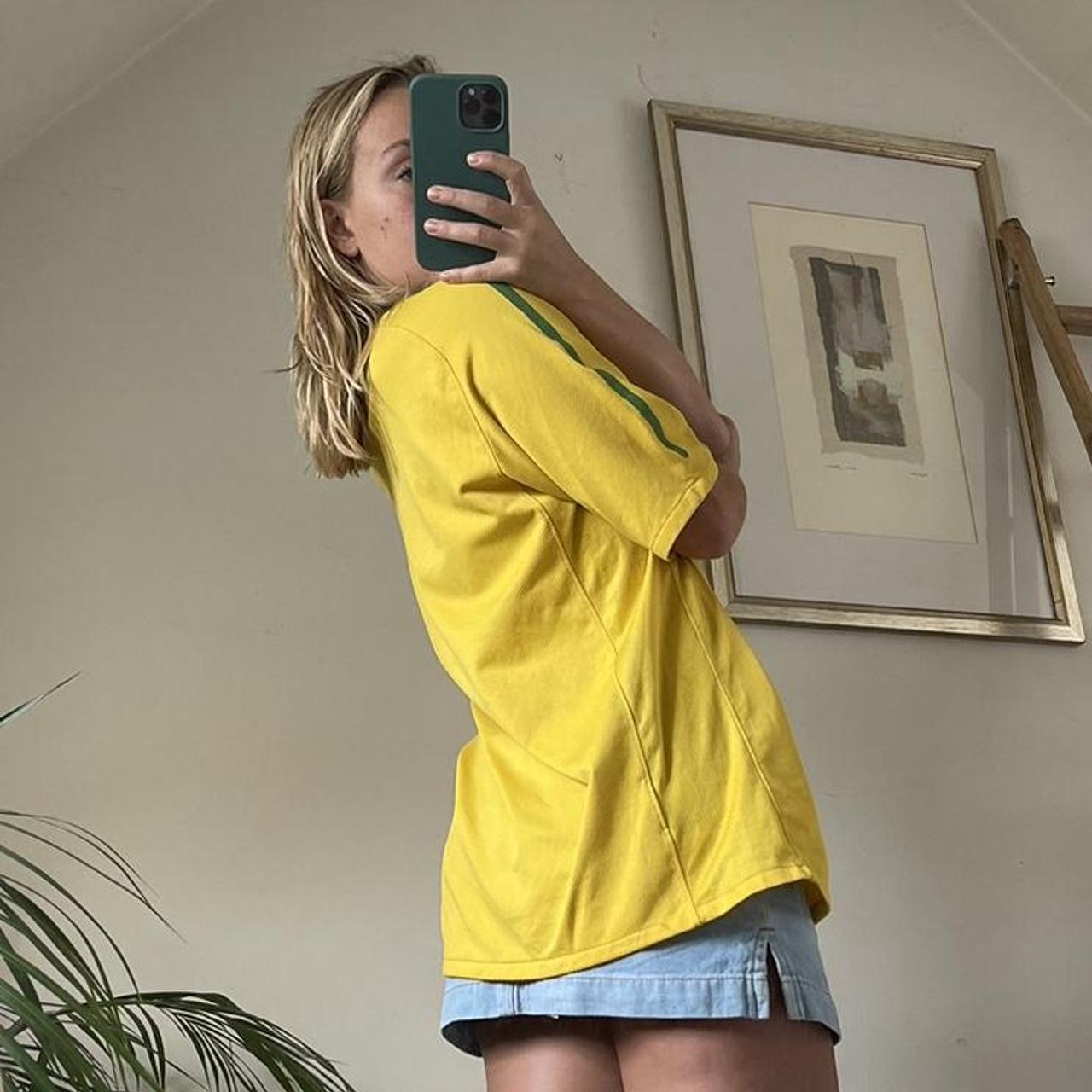 Vintage Brazil yellow and green football top shown... - Depop