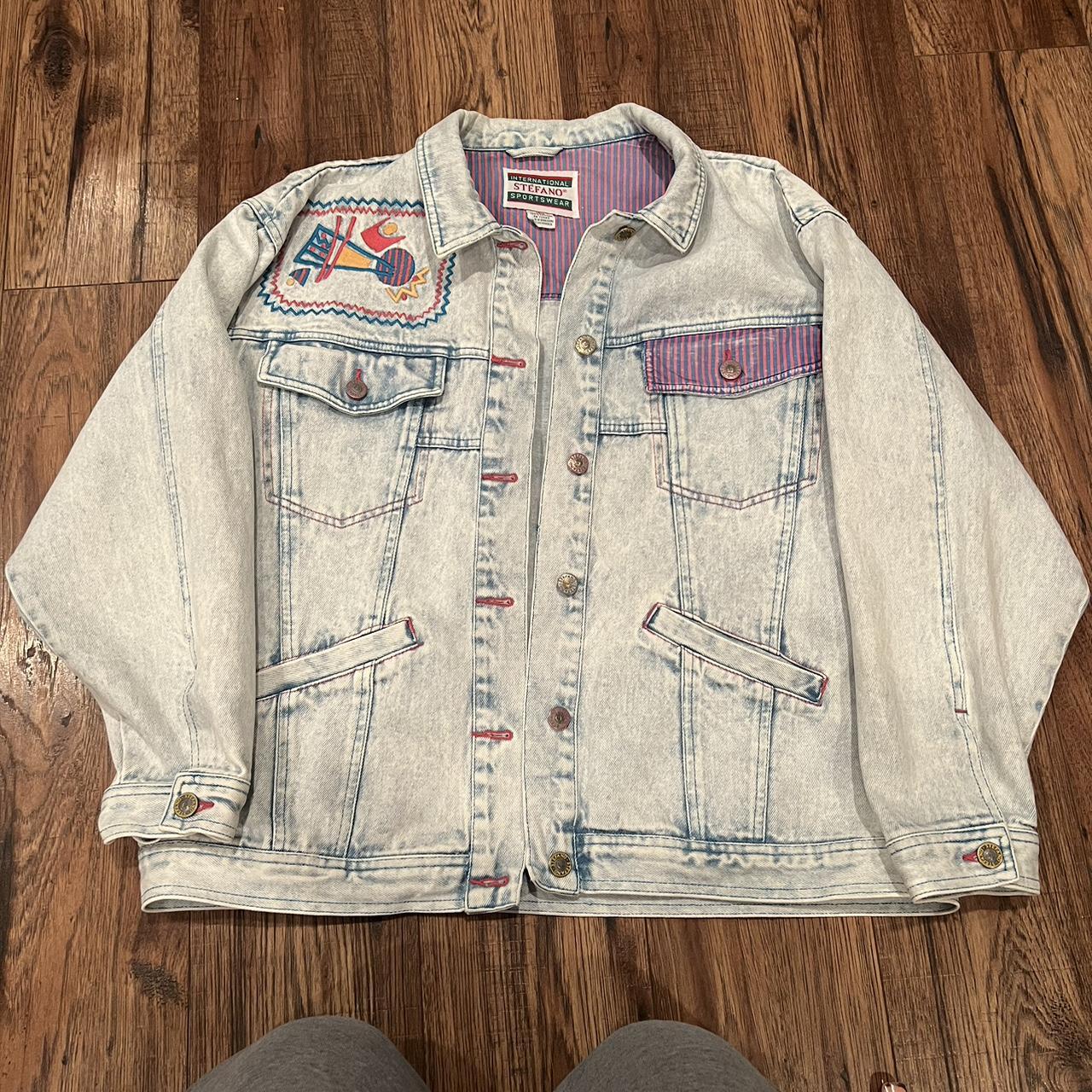 insane retro 90s vintage denim jacket with colorful... - Depop