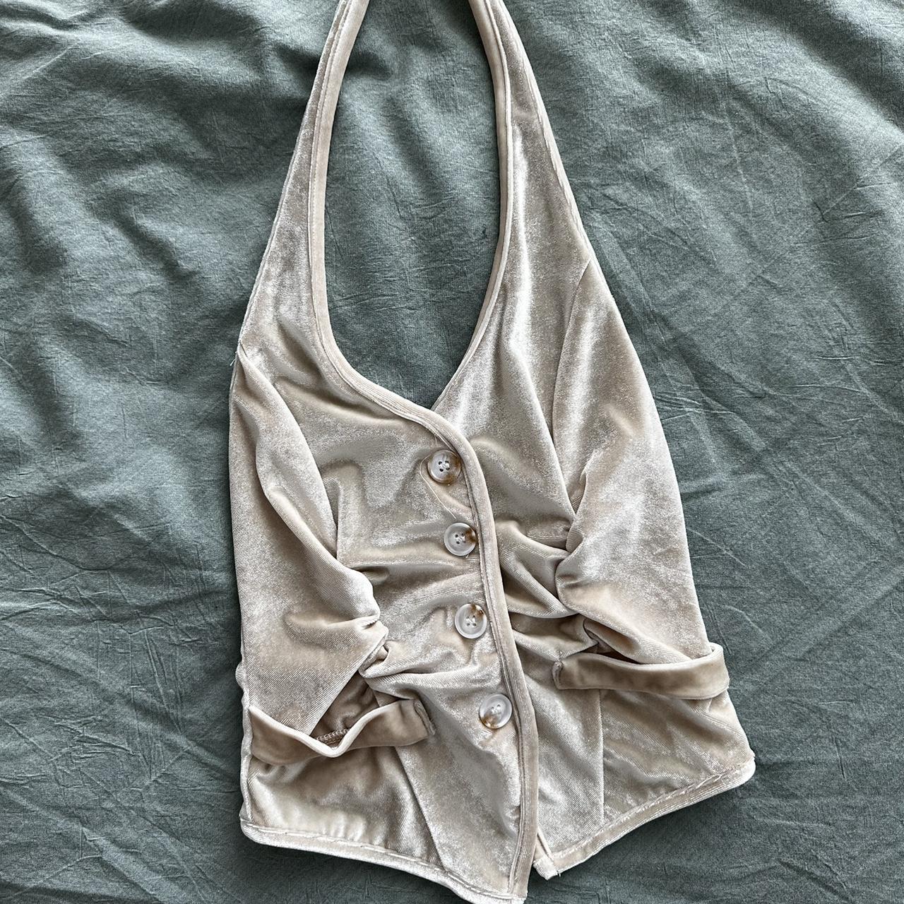 Beige velvet halter vest. Can be unbuttoned - runs... - Depop