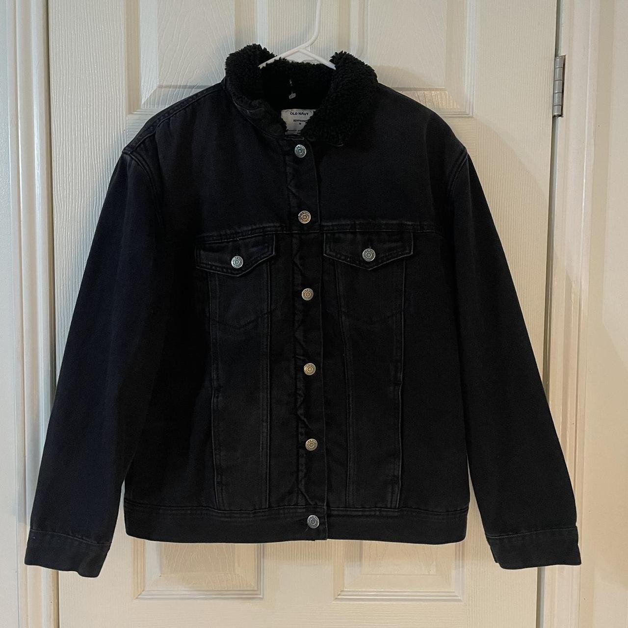 old navy black denim jacket sherpa lining women’s... - Depop