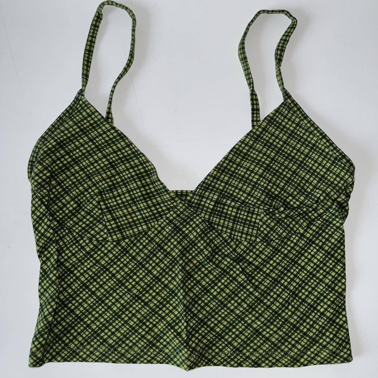 subdued green check crop top perfect for summer... - Depop
