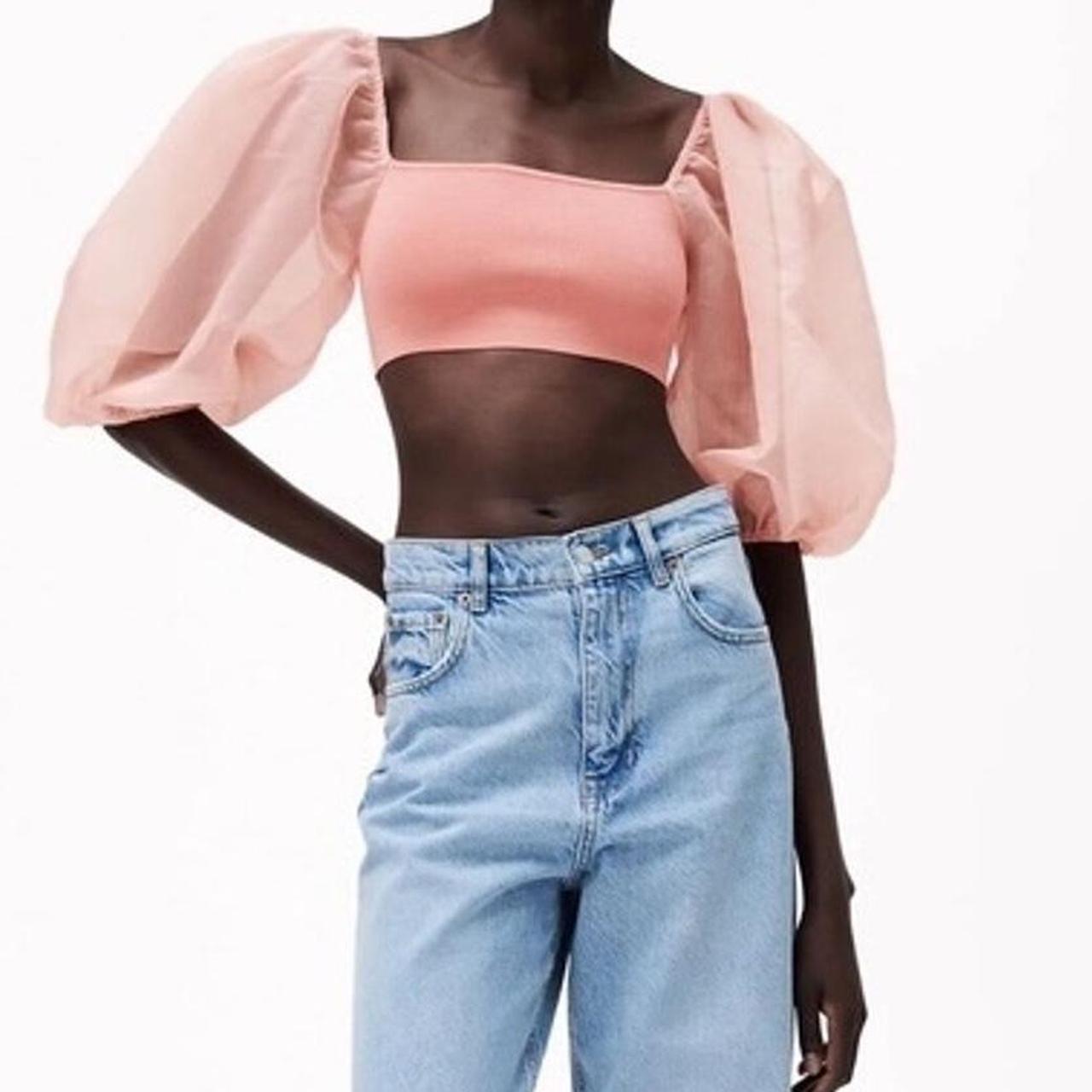 Zara pink puff sleeve crop top Size Medium... - Depop