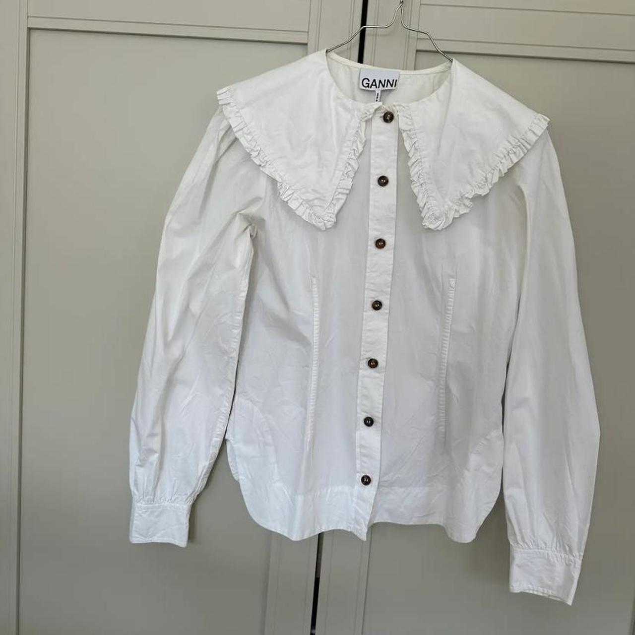 White Ganni frill collar poplin shirt - size 36 (aus... - Depop