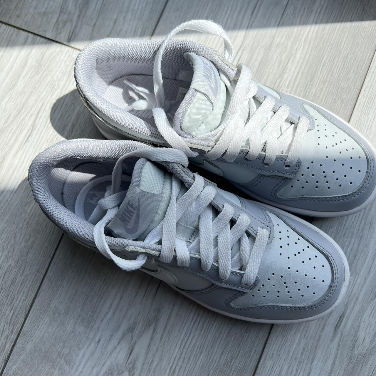 Grey and white Nike dunks Size 3.5 - Depop