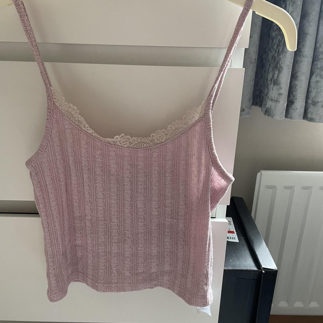 Pink knit lace vest cami crop top Worn few times... - Depop