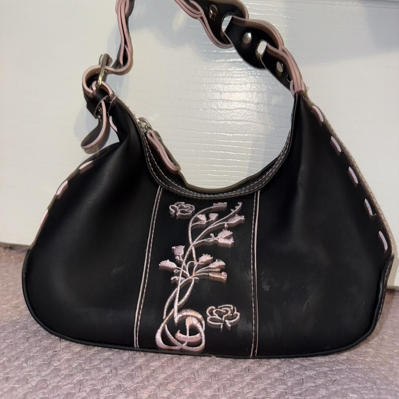 Black and pink shoulder bag with rose embroidery... - Depop