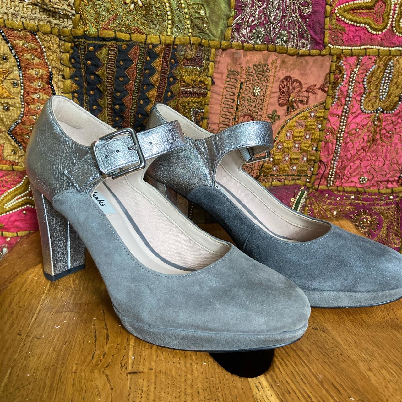 Clarks size 5 heels with grey swede and shiny fabric... - Depop