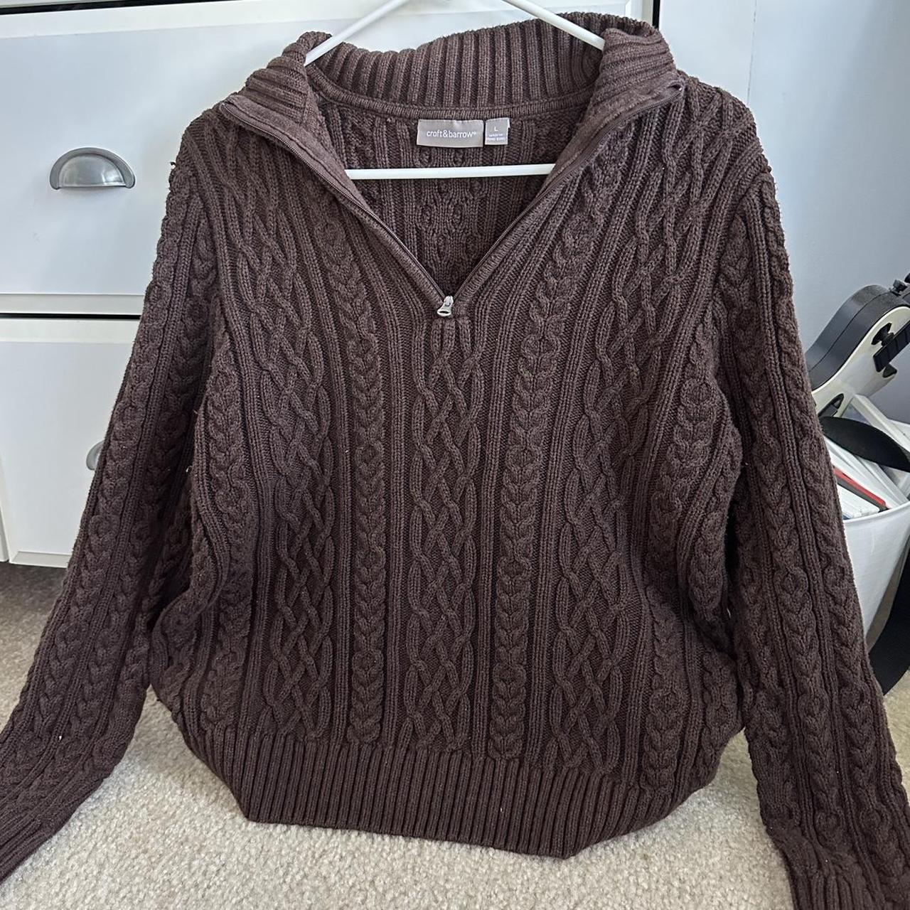 Chocolate brown chunky knit quarter zip sweater... - Depop