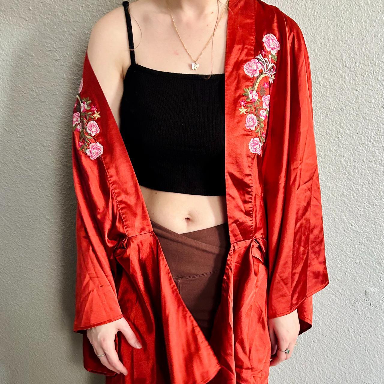 Beautiful red satin kimono robe with floral embroidery! - Depop