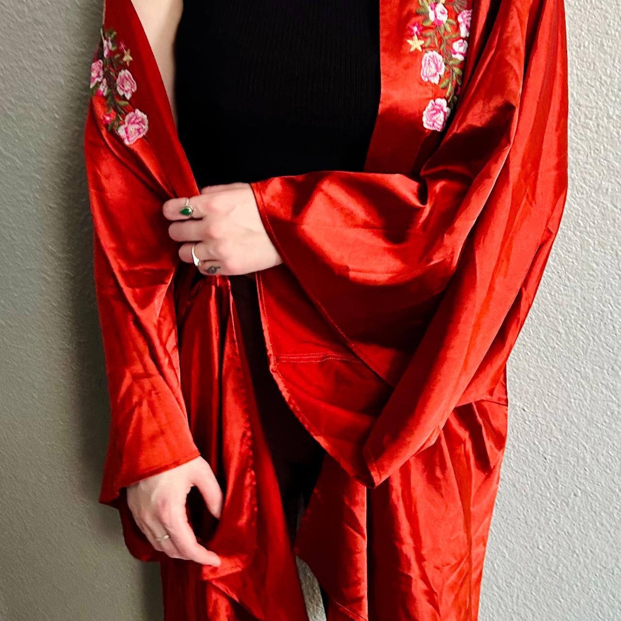 Beautiful red satin kimono robe with floral embroidery! - Depop