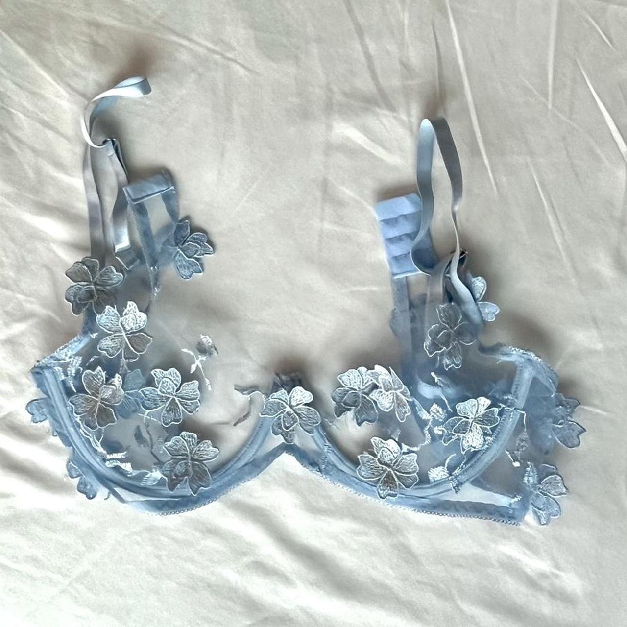 Blue floral lace bra, worn to a festival once! Size... | Depop