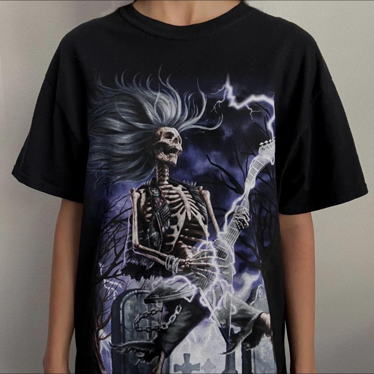 Vintage Skeleton Lightening Rock Band Black Tee... - Depop