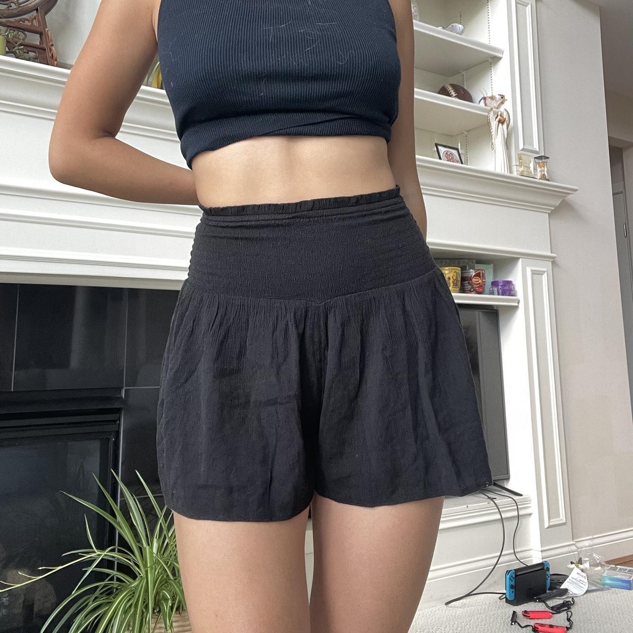 black flowy shorts with scrunched waist from... - Depop