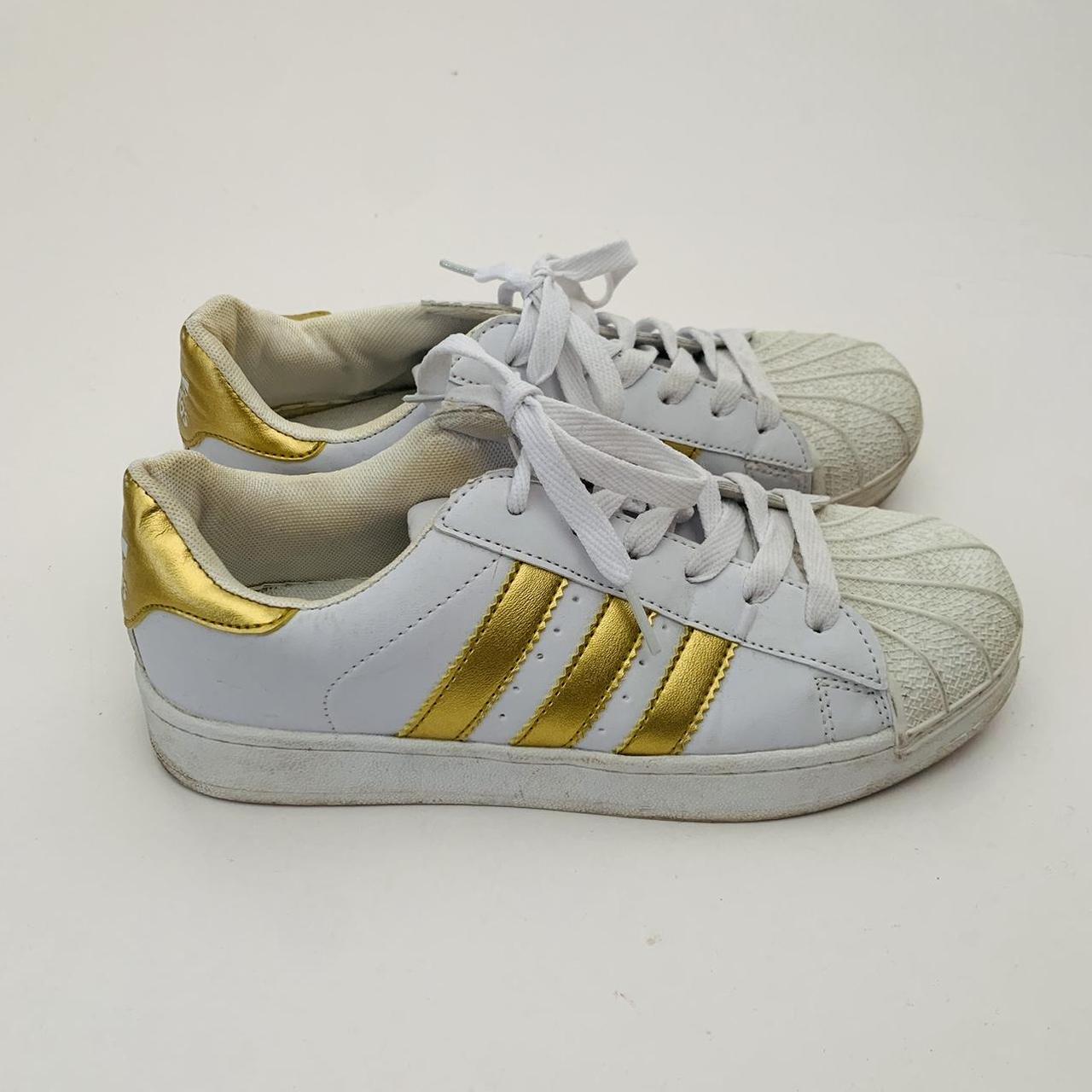 Adidas superstar shell toe trainers, white with gold... - Depop