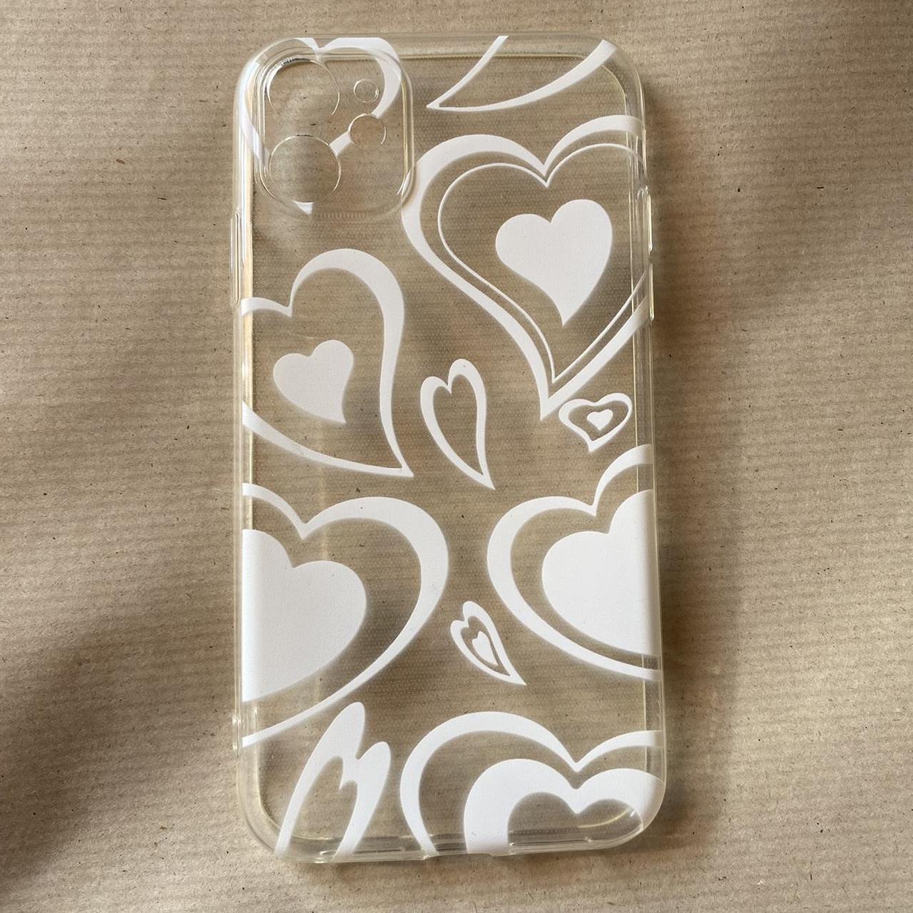 clear plastic phone case with white hearts... - Depop