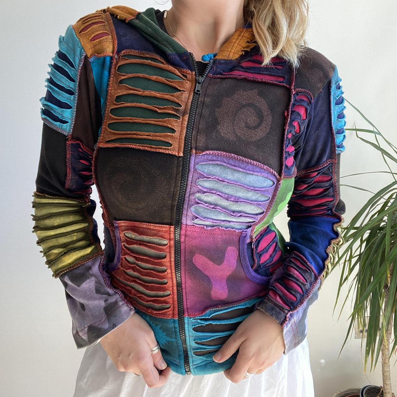 Hippy patchwork zip up hoodie with pixie long hood... - Depop