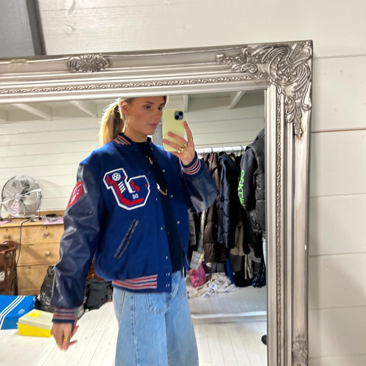 really cool jacket bomber jaket blue- leather... - Depop